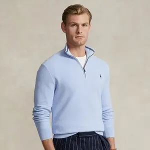 Ralph Lauren Mesh-Knit Cotton Quarter-Zip Sweater In Blue Hyacinth